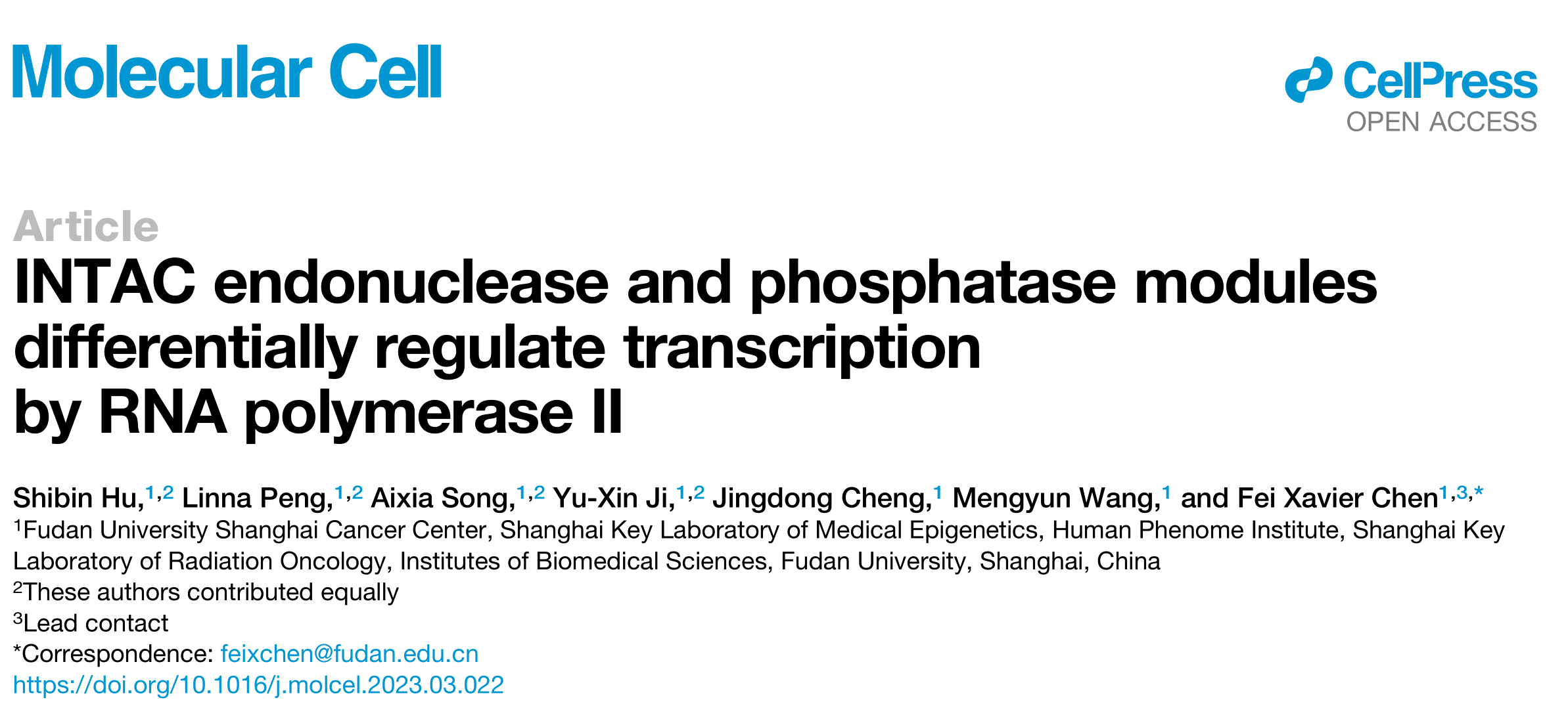 Mol Cell｜陈飞团队揭示转录早期终止调控复合物INTAC对转录机器命运决定的调控机制