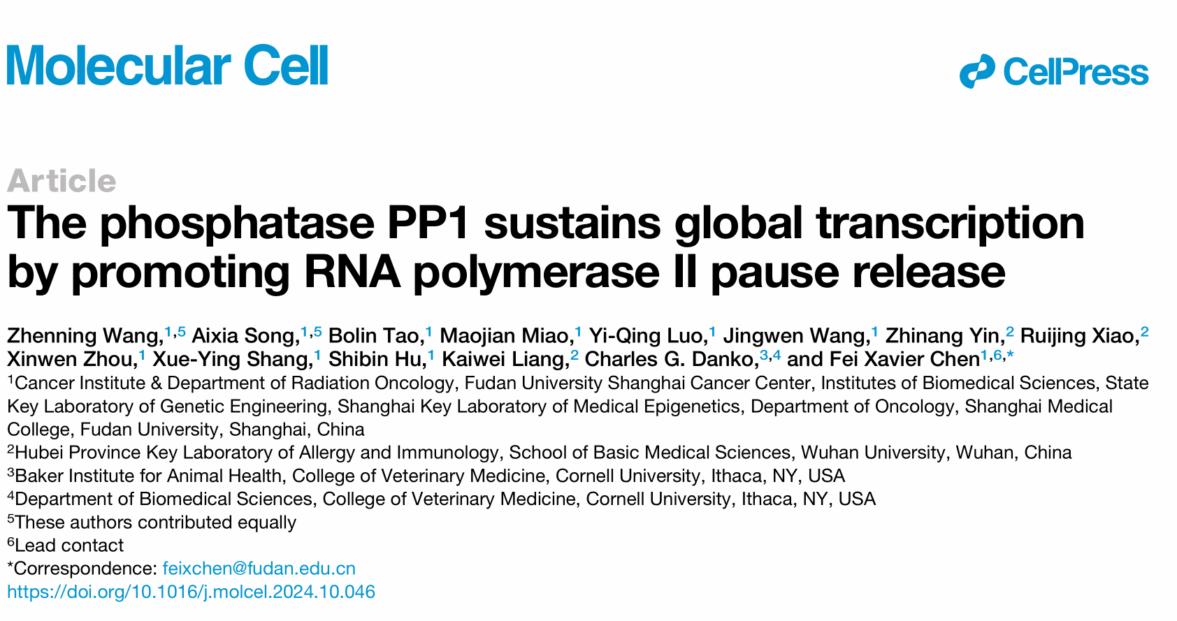 Mol Cell | 陈飞团队揭示磷酸酶PP1和PP2A在转录调控中的差异功能