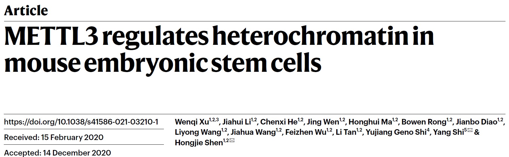 表观团队《Nature》报道METTL3调控小鼠胚胎干细胞异染色质形成机制